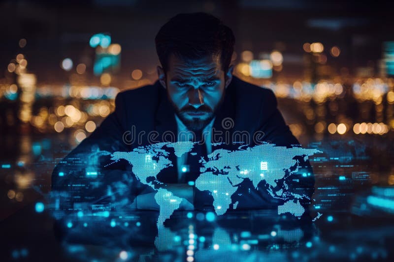 Business Executive Studies Glowing Digital World Map Projected on Glass ...