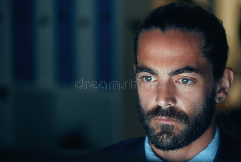 Business, Face and Developer Working at Night with a Vision for Success ...