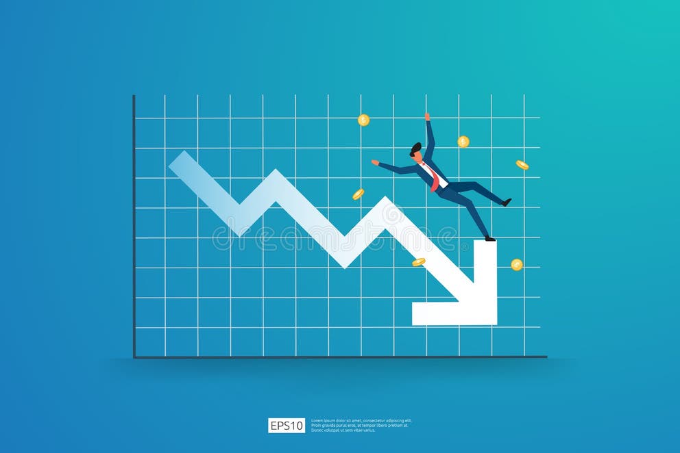 Business Finance Crisis Concept with Business Man Character. Money Fall Down with Arrow Decrease ...