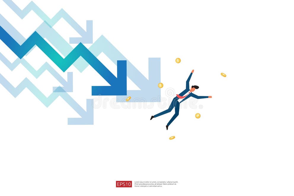 Business Finance Crisis Concept with Business Man Character. Money Fall Down with Arrow Decrease ...