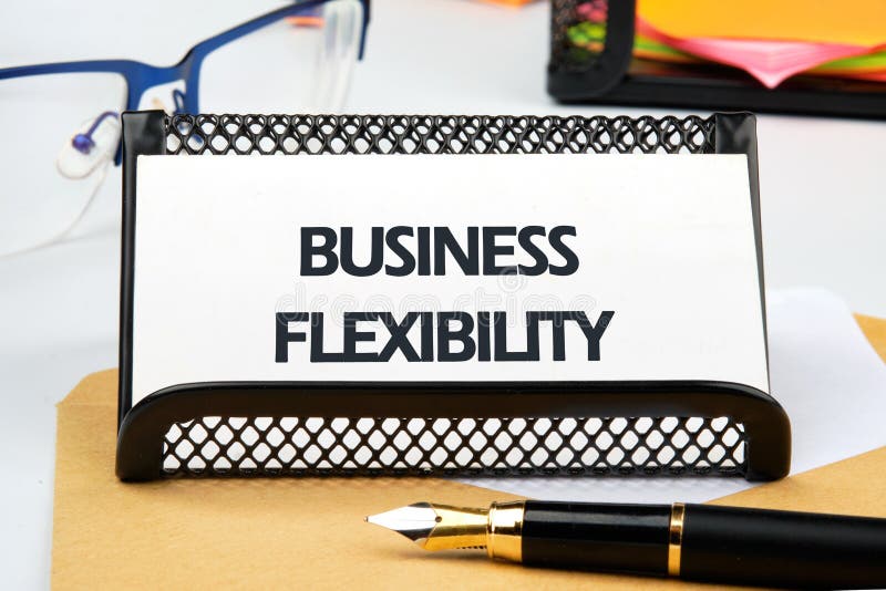 BUSINESS FLEXIBILITY Words on a Business Card in a Black Stand Stock ...