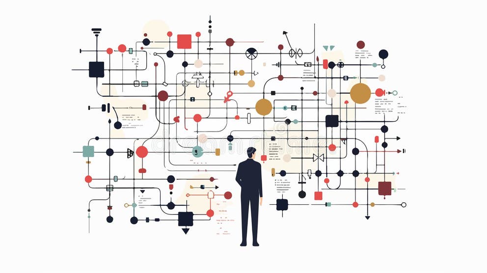 Business Flowchart with Man Working on Algorithmic Process Stock Vector ...