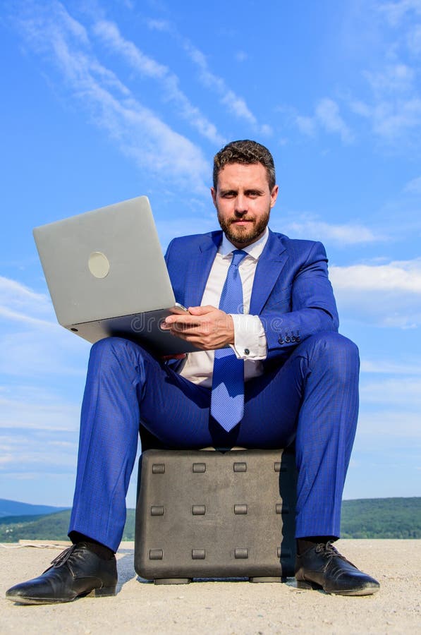 Business on Fresh Air. Businessman with Laptop Sit Briefcase Blue Sky ...