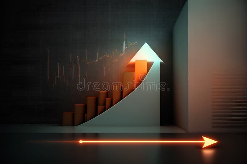 Business Graph with Arrow Up in Dark Room, 3d Render Illustration Stock ...