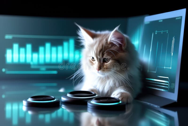 Business Graph Charts on Screen of Computer and Cute Young Cat Stock ...