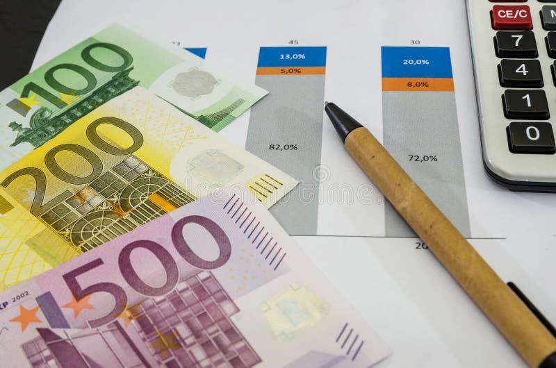 Business Graph with Euro Banknotes, Calculator and Pen. Revenue ...