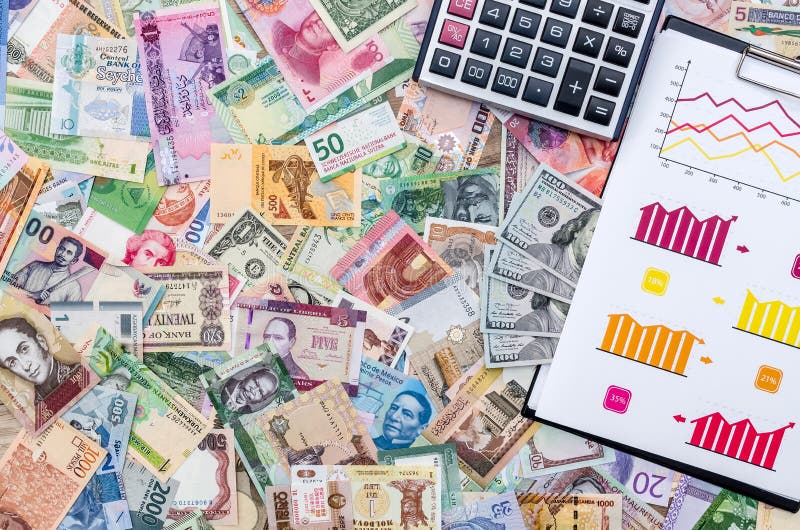 Business Graphs and Calculator on Banknotes Collection Stock Photo ...