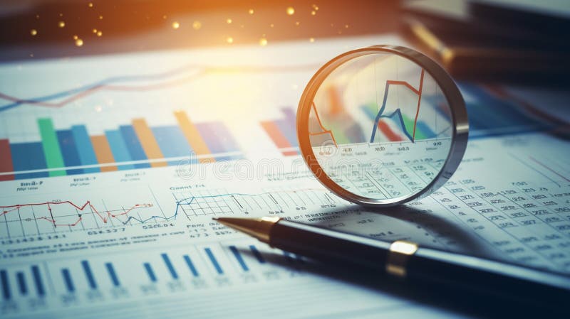 Business Graphs, Charts and Magnifying Glass on Table. Financial ...
