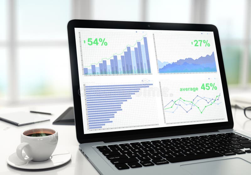Business Graphs on Laptop Screen, Coffee Mug, Digital Tablet on Stock ...
