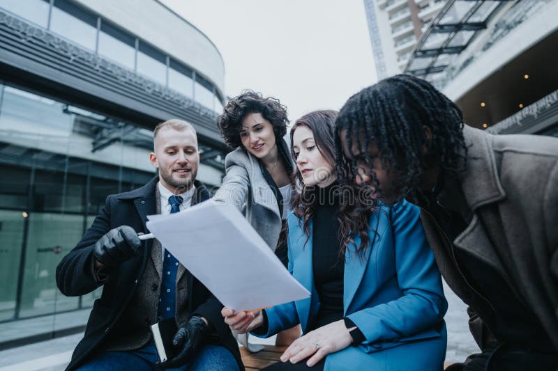 A Business Group of Four Multiracial Colleagues Collaborate on a ...