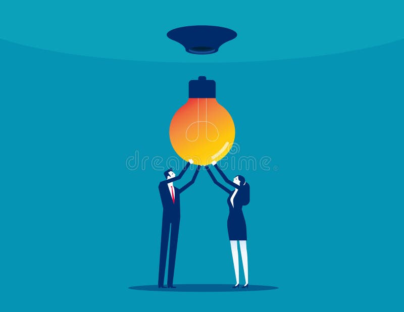 Business Group Trying To Replace a Light Bulb. Business Teamwork Vector ...