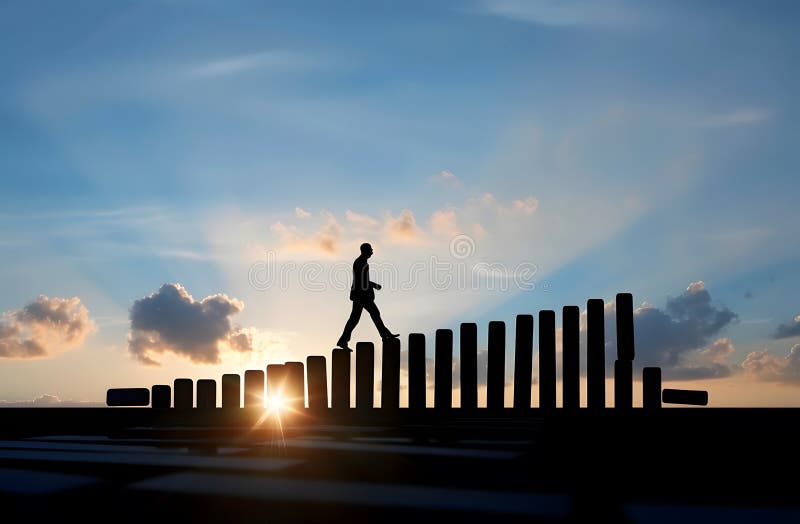 Business Growth and Challenges Concept with Man Walkingling Dominoes ...