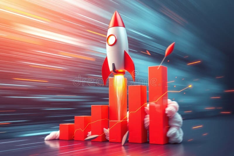 Business Growth Concept. Rocket Bar Chart, Innovation Success, Progress ...