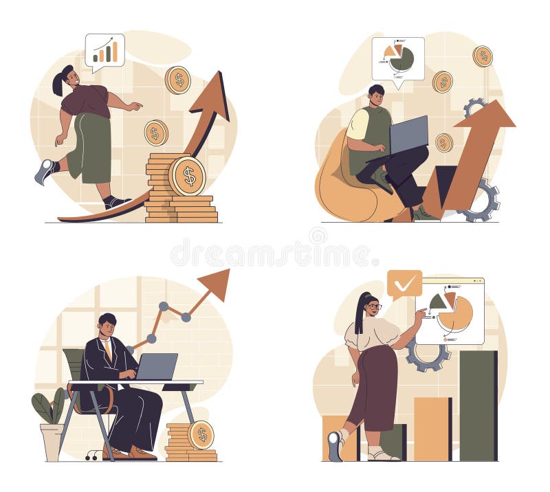 Business Growth Concept Scenes Set in Flat Web Design. People in ...