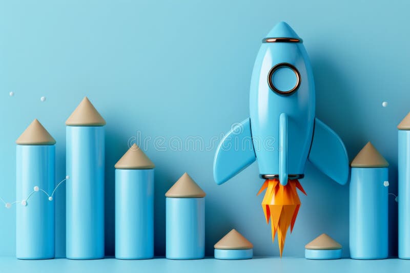 Business Growth and Startup Concept. Rocket and Financial Chart on Blue ...