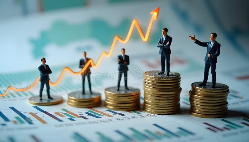 Business Growth Visualized with Miniature Figures on Coin Stacks Stock ...