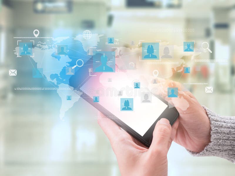 Business Hand with Application Icons Interface and Globe Network Stock ...