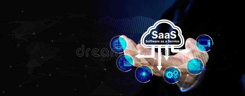 Business Hand Holding SaaS Cloud Icon with Digital Technology Network Concept of Software As a ...