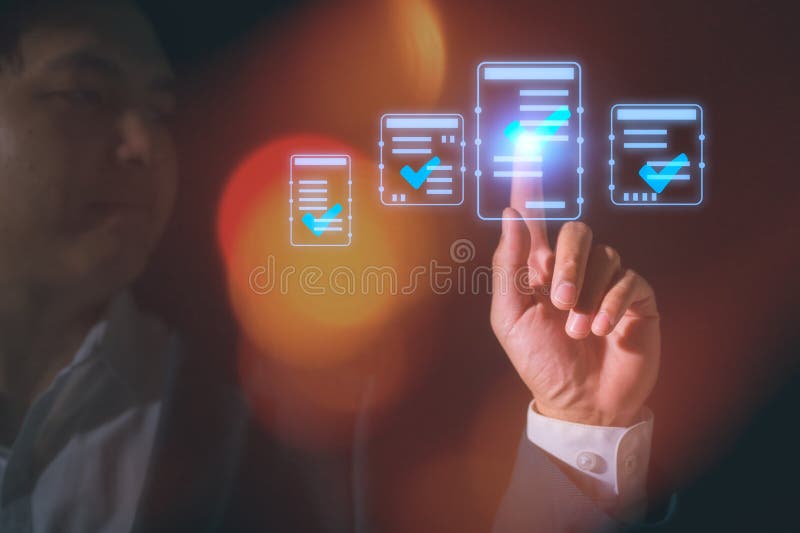 Business Hand Pointing at Check Mark. Document Data System Report HR ...