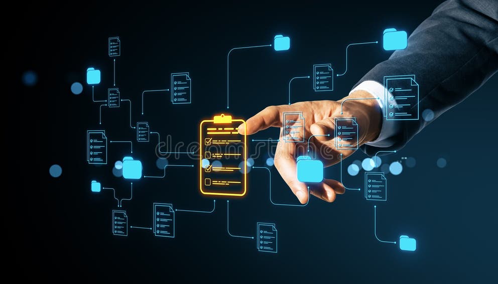 Business Hand Pressing Digital Checklist Button among Floating Document and Folder Icons ...