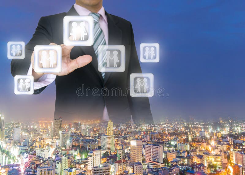 Business Hand Pushing a Button Shake Hands on a Touch Screen Stock ...