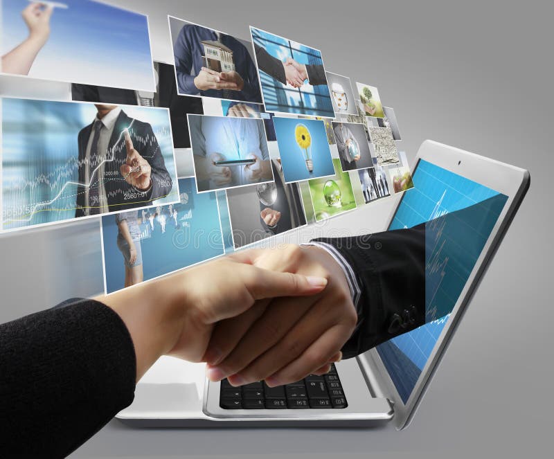 Business Hand Reaching Out from Screen Laptop Shake Hand Stock ...