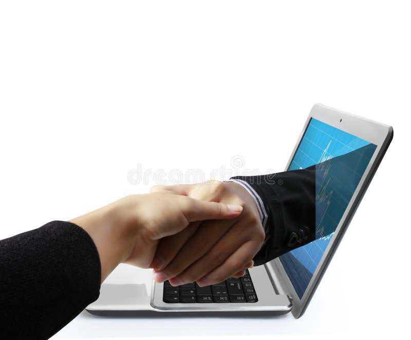 Business Hand Reaching Out from Screen Laptop Shake Hand Stock ...