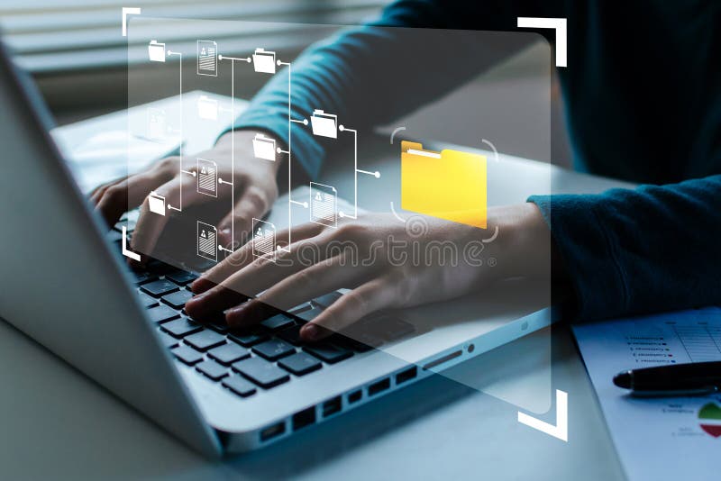 Business Hand Using Laptop Computer with Virtual Graphic Icon on Desk ...