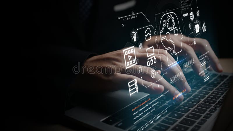 Business Hands on Keyboard with Digital AI Icons, Data Analysis, and ...