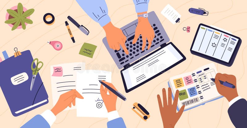 Business Hands Write and Work with Laptop. People in Office Draw Up and ...