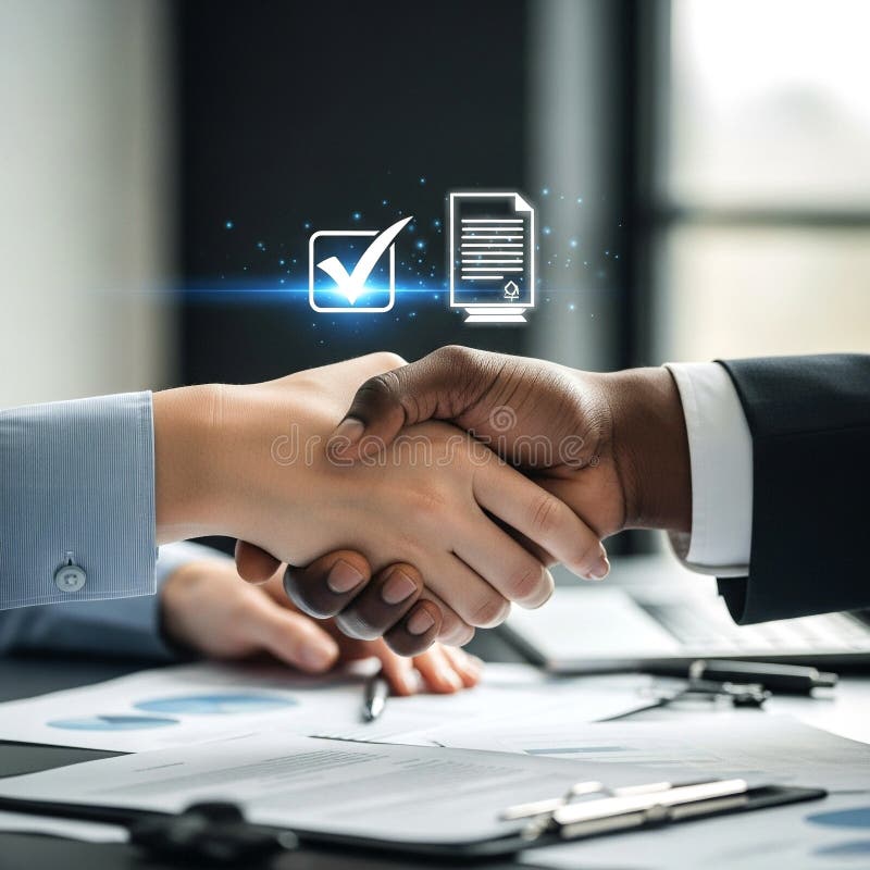 Business Handshake with Digital Checkmark and Document Icon Stock ...