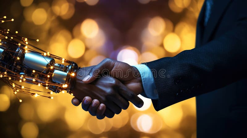 Business Handshake between Human and AI in a Futuristic Setting Stock ...