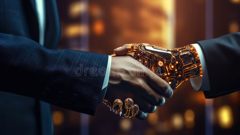 Business Handshake between Human and AI in a Futuristic Setting Stock ...