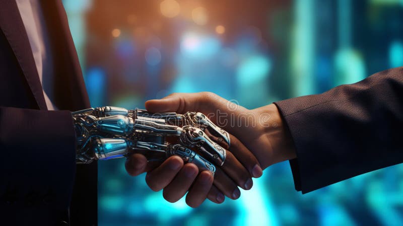 Business Handshake between Human and AI in a Futuristic Setting Stock ...