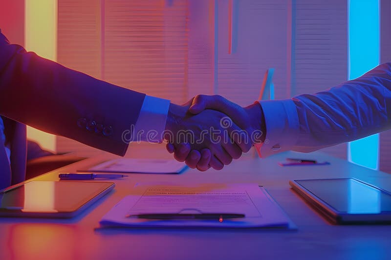 Business Handshake in Neon Office Lighting Over Contract Agreement with ...