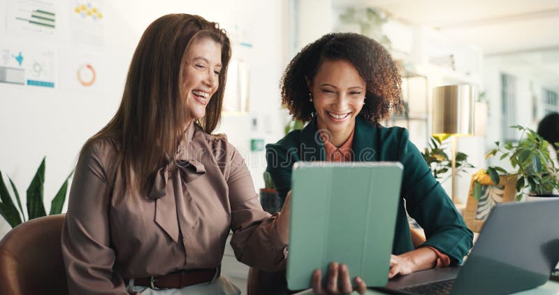 Business, Help and Women with Smile, Tablet or Teamwork with Feedback ...