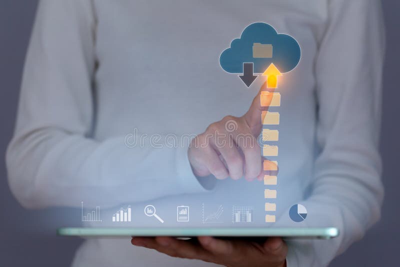 Business Human Doing Cloud Uploading on Tablet, Business Infographics ...