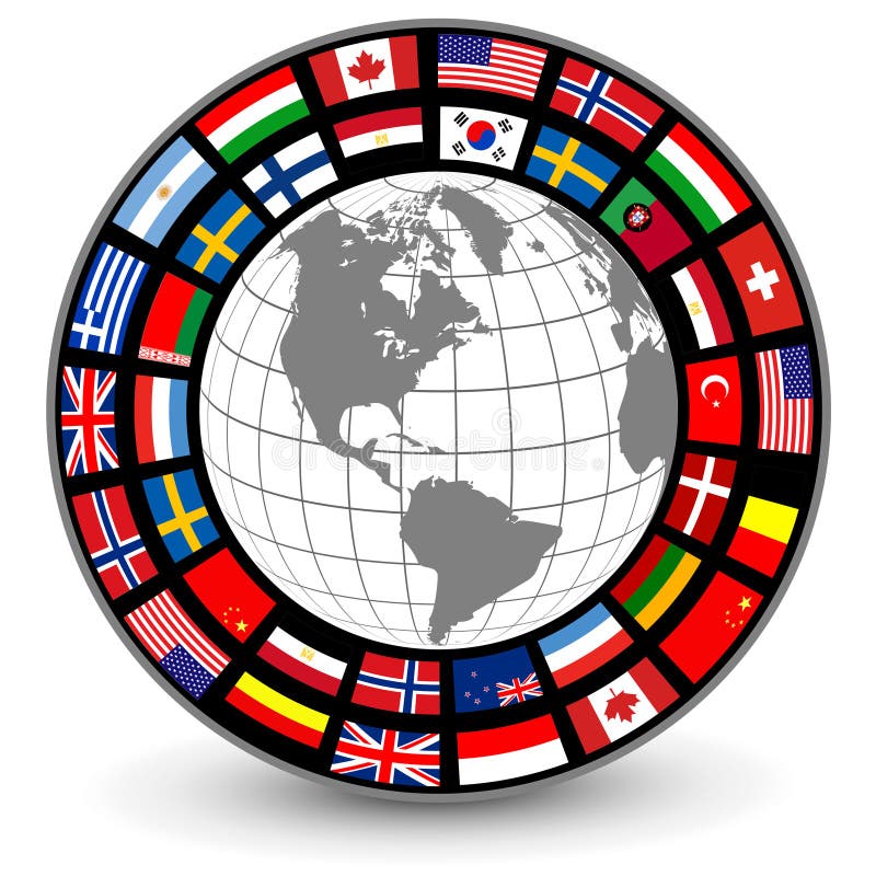Business Icon with Earth Globe and International Flags Around, Ring ...