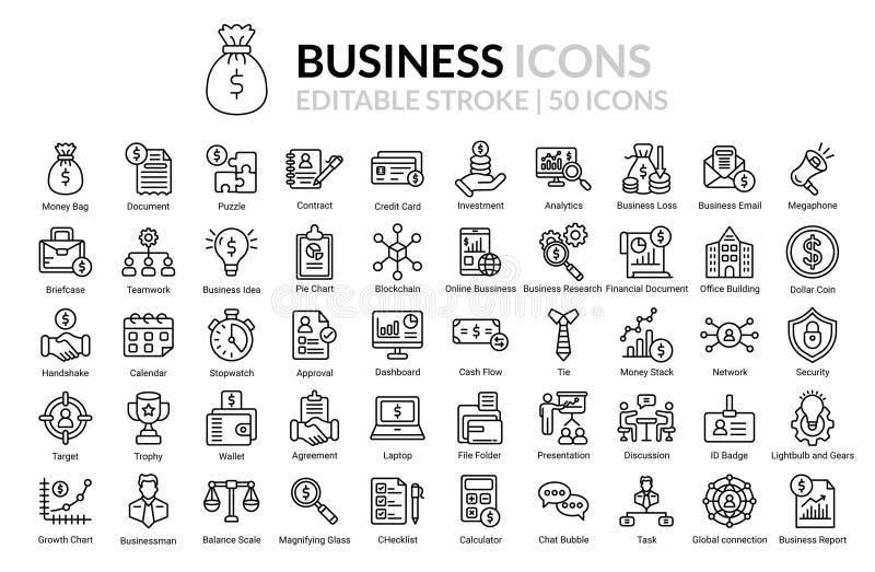 Business Icon Set: 50 Professional Outline Vector Icons in Black Stock ...