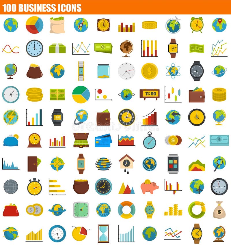 100 Business Icon Set, Flat Style Stock Illustration - Illustration of ...