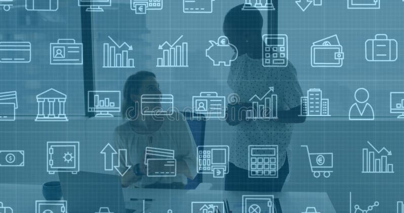 Business Icons and Data Analytics Image Over Two Colleagues Discussing ...