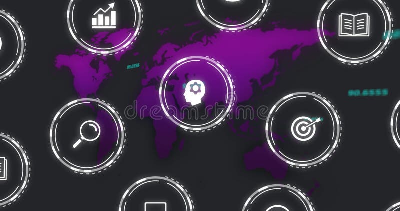 Business Icons and Data Processing Animation Over World Map Stock ...