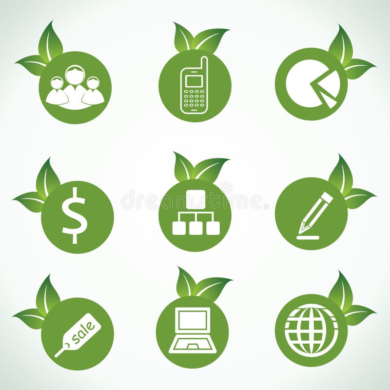 Business Icons and Design with Green Leaf Stock Vector - Illustration ...