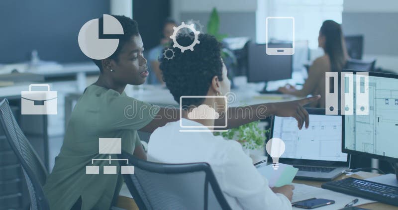 Business Icons Image Over Diverse Professionals Working On Computers In Office Stock Image
