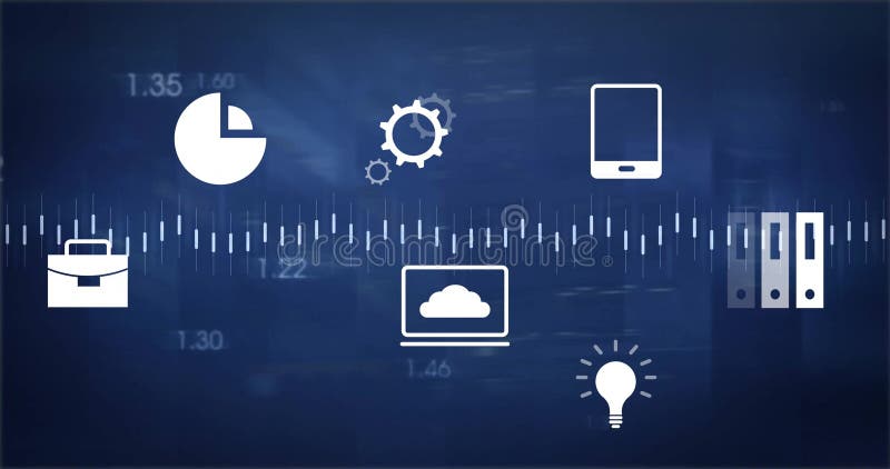 Business Icons Including Pie Chart, Gears, and Light Bulb Over Timeline ...
