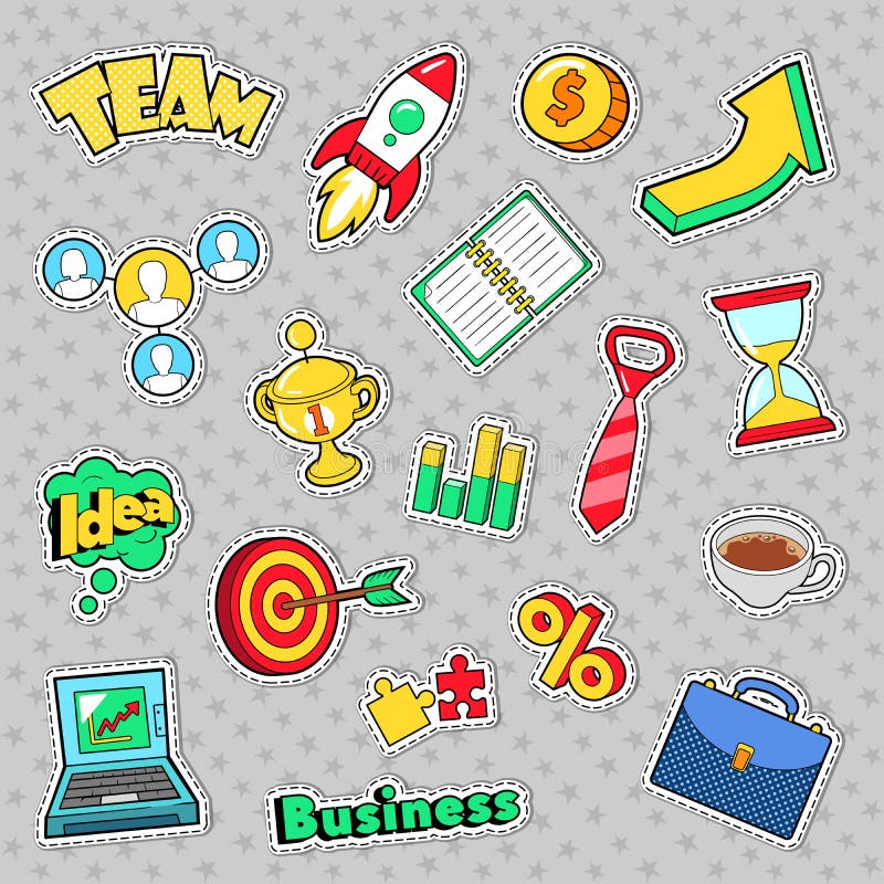 Business Idea Comic Stickers, Patches, Badges with Laptop and Financial ...