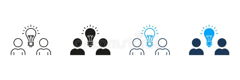 Business Idea Line and Silhouette Icon Set. Team and Light Bulb ...