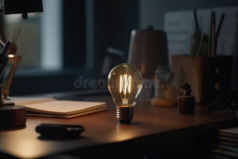 Business Ideas Concept , Light Bulb on Table Workplace , New Ideas with ...