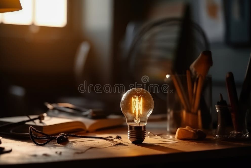 Business Ideas Concept , Light Bulb on Table Workplace , New Ideas with ...
