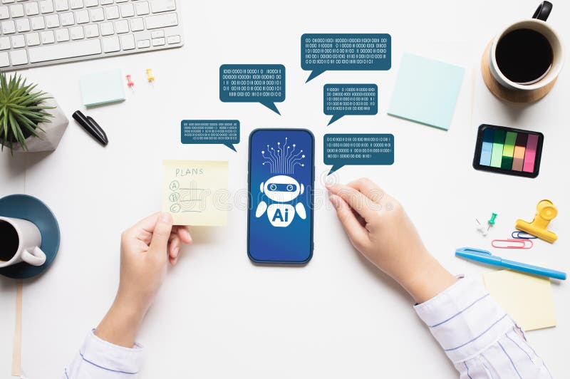 Business Ideas with Top View Person Work on Desk with Ai Technology or ...